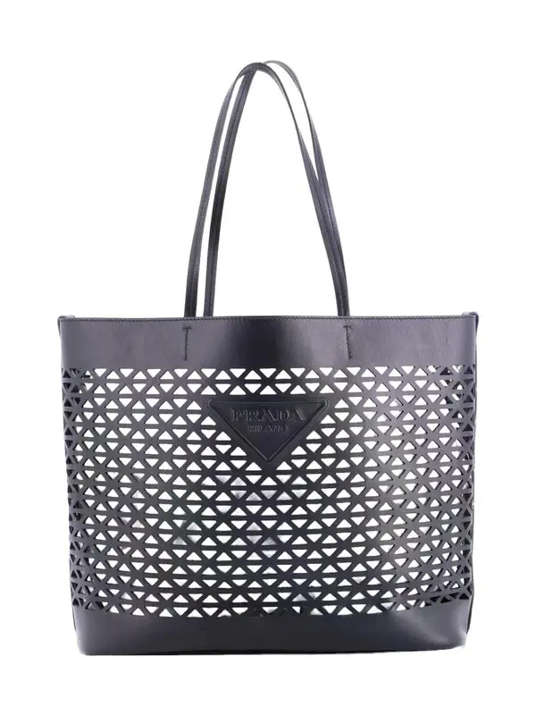 Prada Triangle Logo Shopper Tote Laser Cut Leather Medium Shoulder Bag - Black