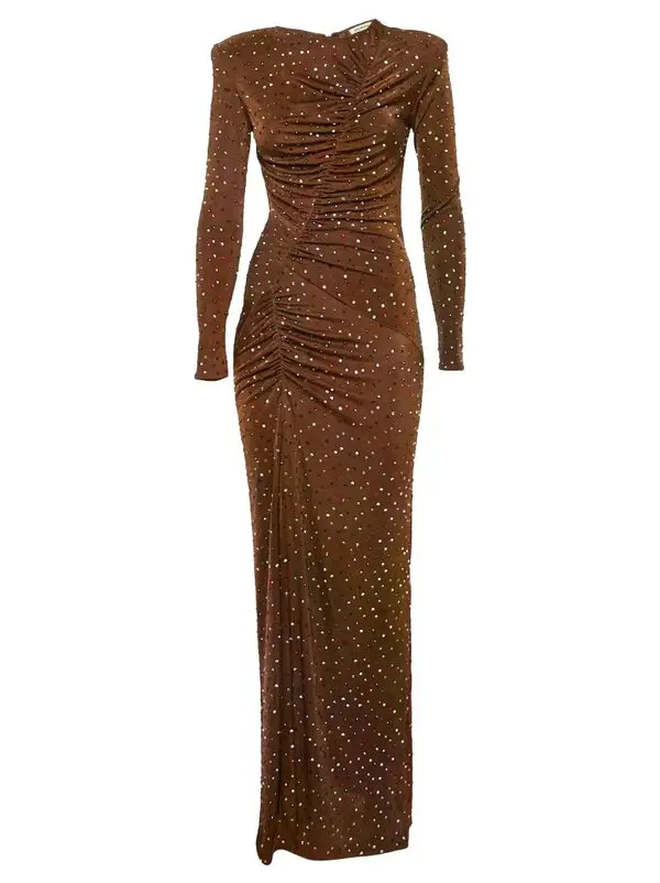THE NEW ARRIVALS ILKYAZ OZEL Rhinestone Ruched Maxi Dress - Brown