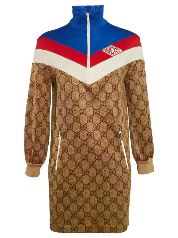 Gucci Gg Monogram Half-zip Dress - Brown