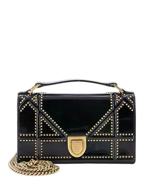 Dior Diorama Chain Flap Clutch Studded Patent Crossbody Bag - Black
