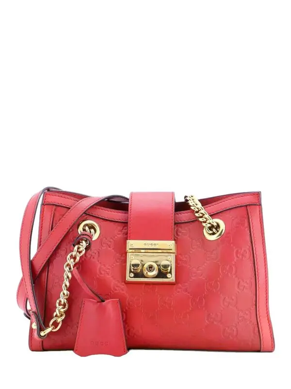 Gucci Padlock Chain Tote Sissima Leather Small Shoulder Bag - Red
