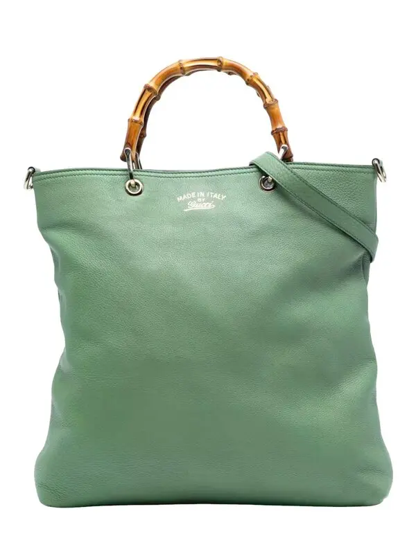 Gucci Tall Leather Bamboo Shopper Tote Satchel - Green