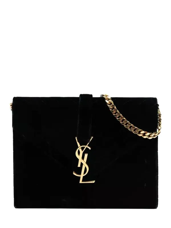Saint Laurent 2014 Medium Chevron Velvet Monogram Envelope Shoulder Bag - Black
