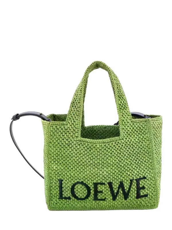 Loewe Logo Convertible Raffia Small Tote Bag - Green
