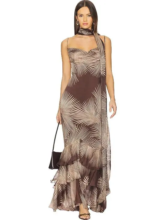 Rococo Sand Cowl Maxi Dress With Sash - Brown