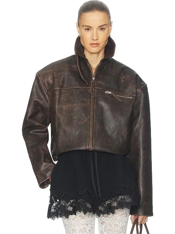 HELSA The Leather Oversized Moto Jacket - Brown Distressed
