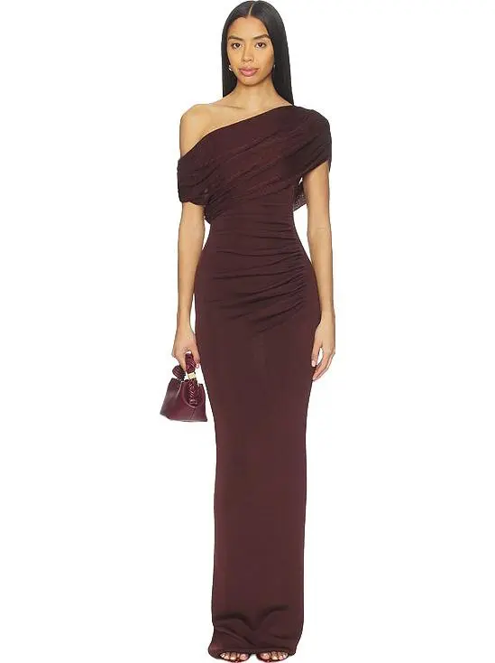 SELF-PORTRAIT Draped Knit Midi Dress - Brown