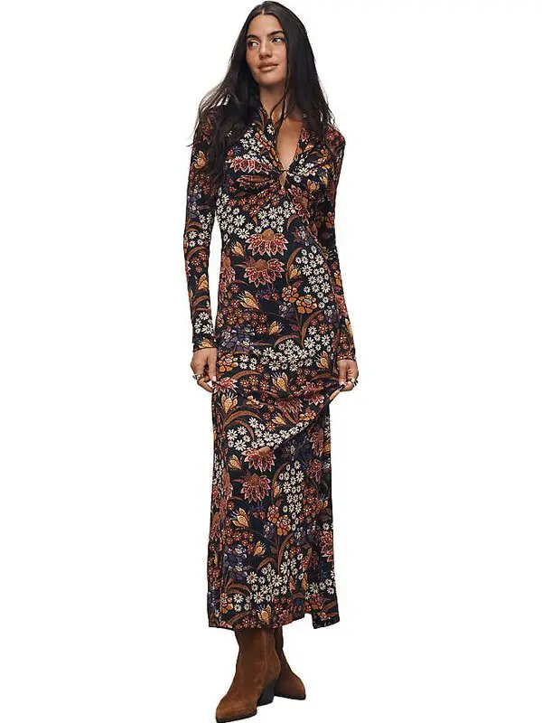 Farm Rio Lili Long-sleeve V-neck Maxi Dress - Black Floral