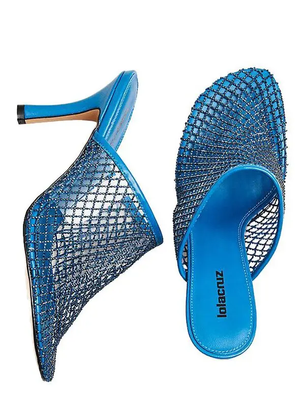 Lola Cruz Rhinestone Netted Mule Heels - Azul Zafiro