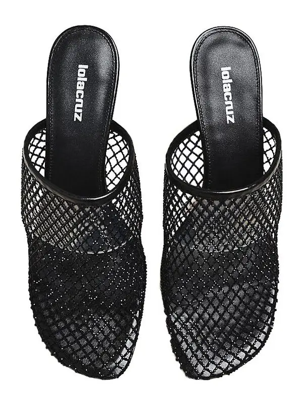Lola Cruz Rhinestone Netted Mule Heels - Black