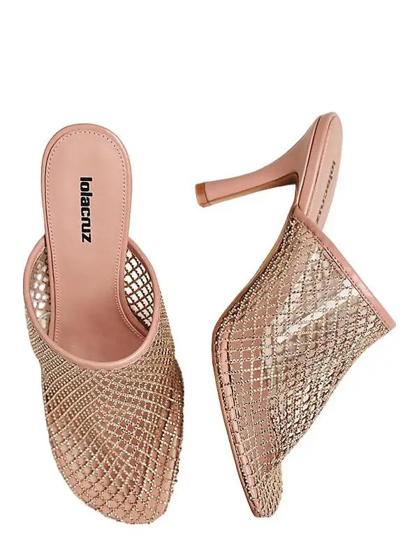 Lola Cruz Rhinestone Netted Mule Heels - Nude