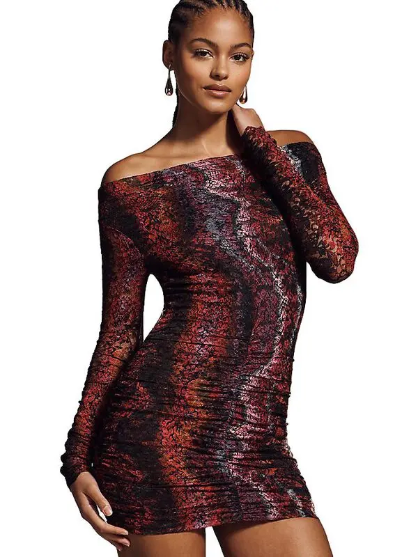AFRM Off-shoulder Long-sleeve Mesh Mini Dress - Ombre Snake