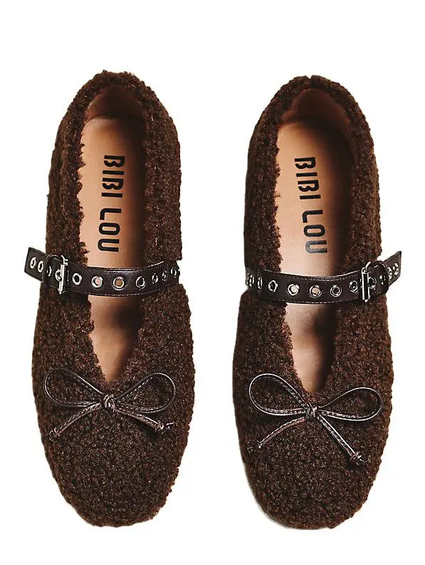 BIBI LOU Sherpa Fleece Moto Ballet Flats - Cocoa