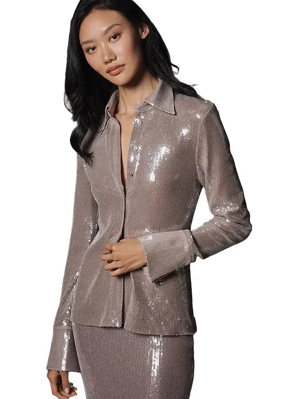 ELODIE Long-sleeve Sequin Buttondown Shirt - Mauve