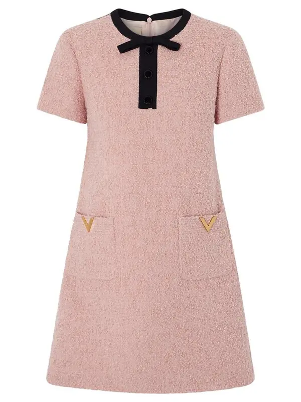 Valentino Garavani Bow-detailed Embellished Wool-blend Bouclé Mini Dress - Pink