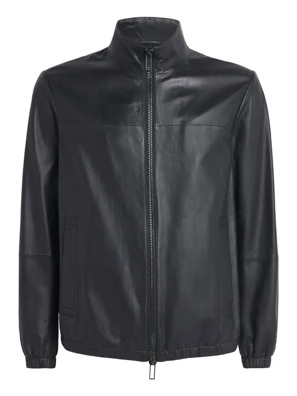 Emporio Armani Leather Funnel-neck Jacket - Blue