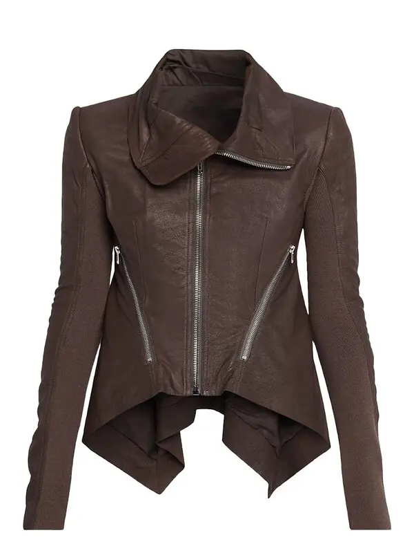 Rick Owens High-neck Leather Peplum Jacket - Dark Dust