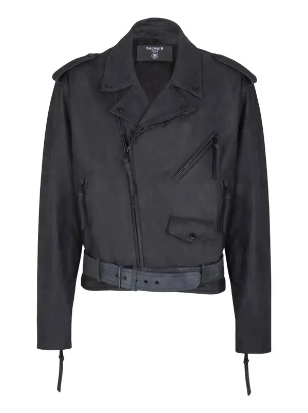 Balmain Belted Leather Biker Jacket - Black