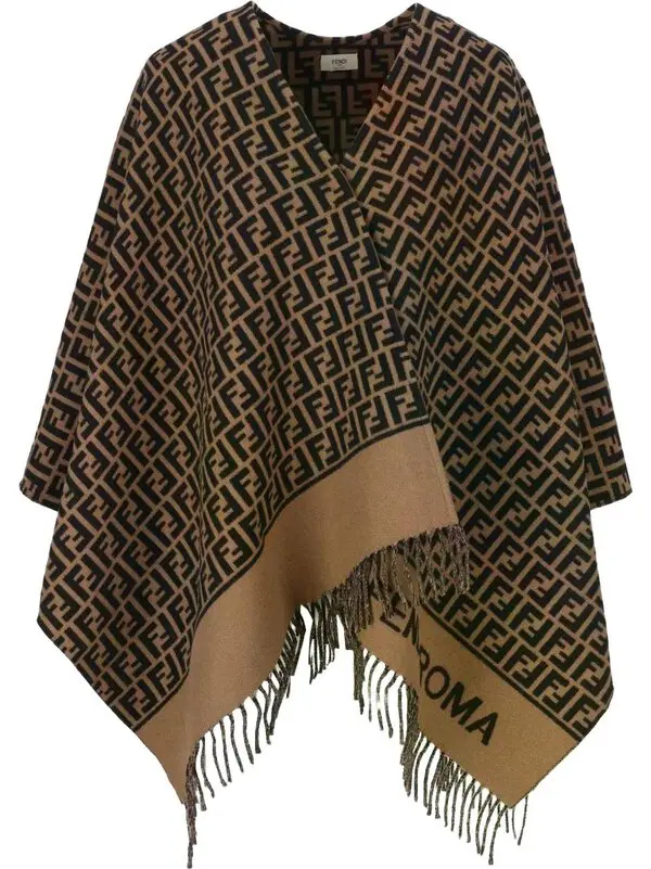 Fendi Ff-motif Fringed Wool Blend Poncho - Brown