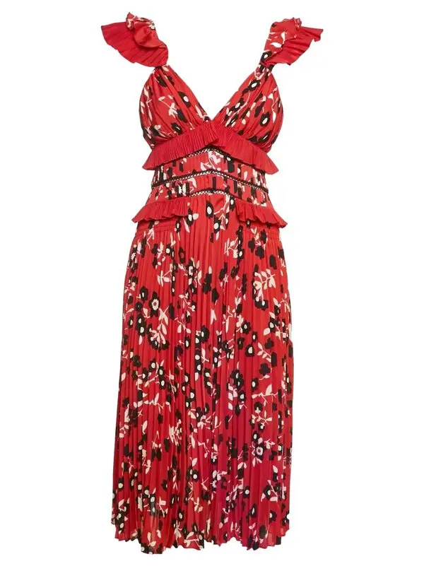 SELF-PORTRAIT Floral-print Pleated Dress - Red
