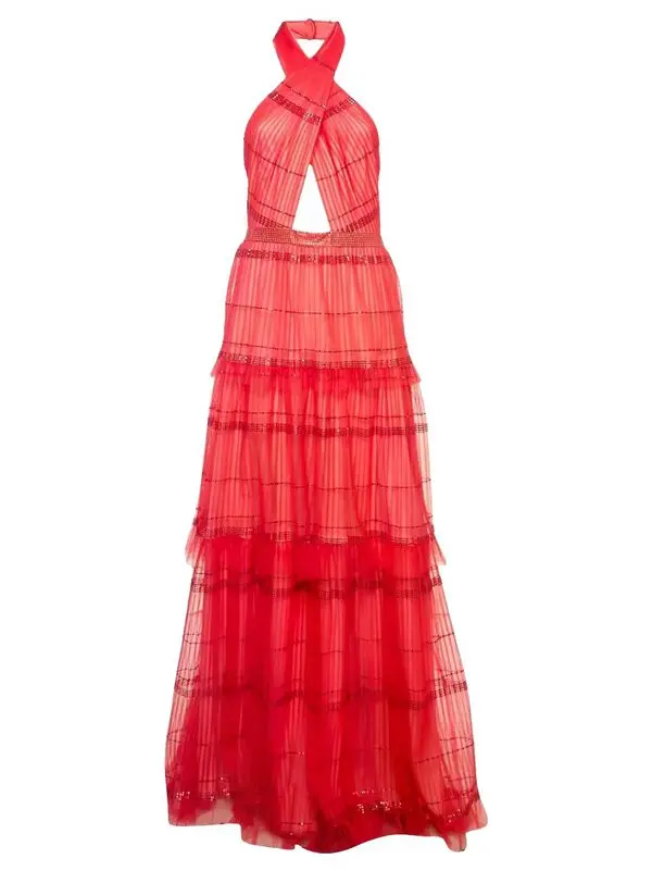 Tadashi Shoji Tie Sequin-embellished Tulle Gown - Red