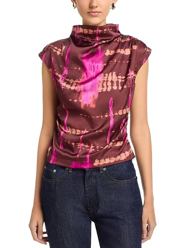 AREA STARS Avery Satin Print Top - Brown Abstract