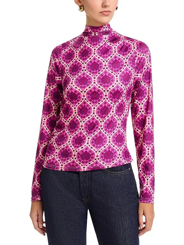 AREA STARS Mara Fleur Geometric Print High Neck Long Sleeve Top - Burgundy
