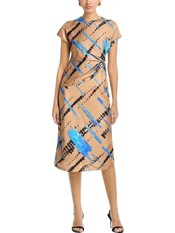 AREA STARS Avery Draped Printed Satin Dress - Tan Abstract