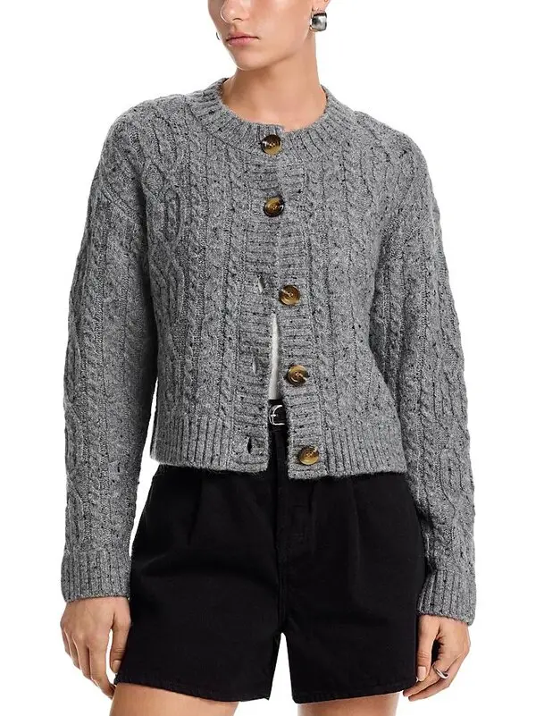Aqua Cable Knit Crewneck Cardigan - Dark Grey Fleck