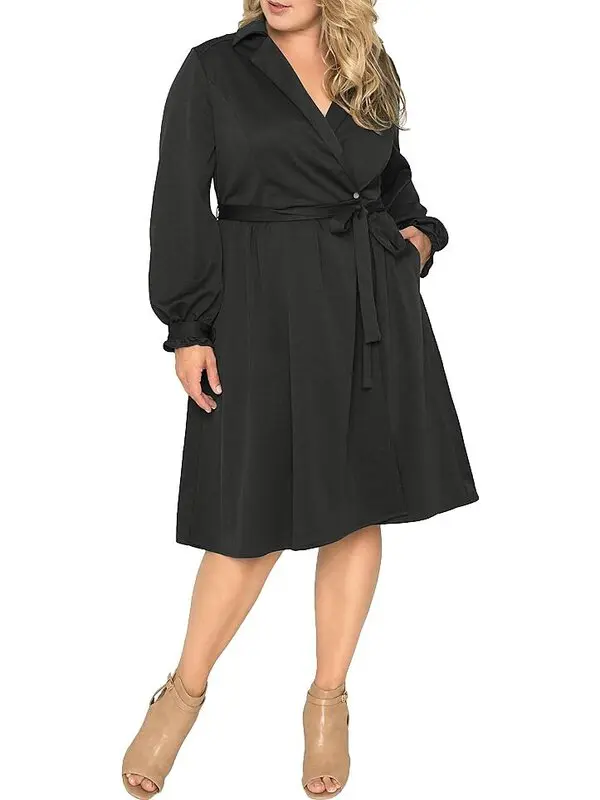 STANDARDS & PRACTICES Lapel Collar Crepe Wrap Dress - Black