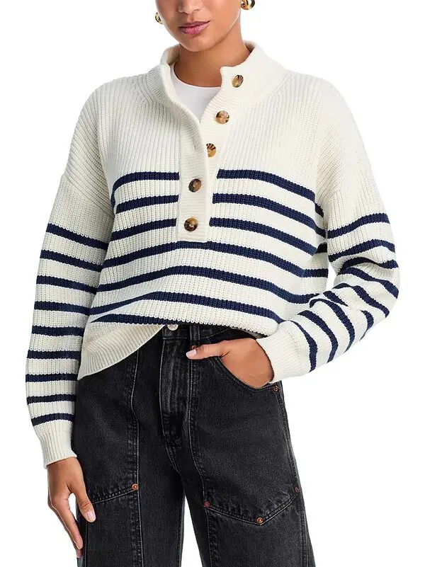 Aqua Striped Henley Sweater - White/navy