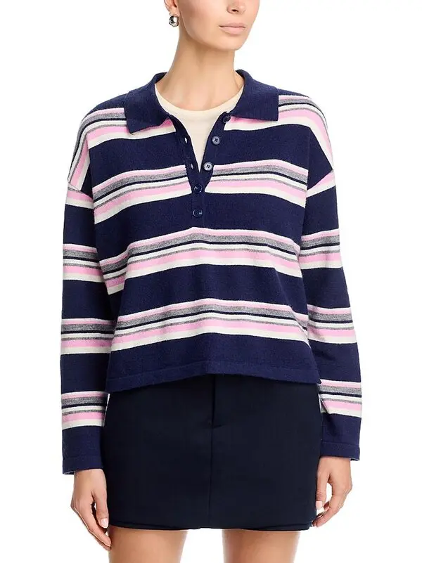 Aqua Striped Polo Top - Navy/pink