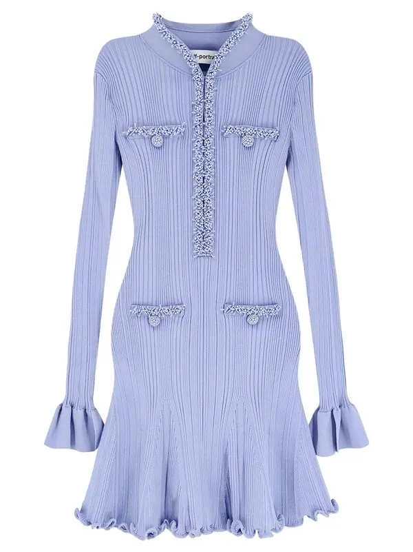 SELF-PORTRAIT Ribbed Knitted Mini Dress - Blue