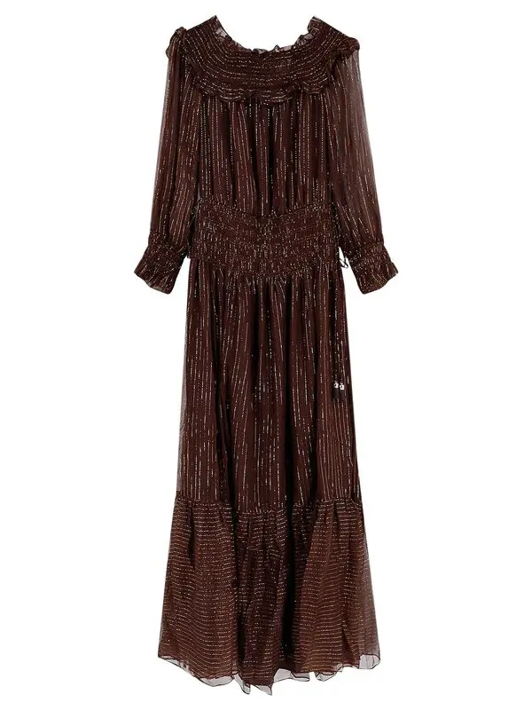 SELF-PORTRAIT Georgette Long Dress With Lurex Detail - Brown