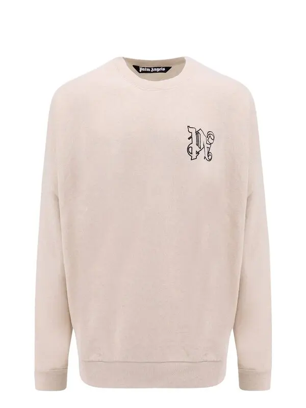 Palm Angels Linen And Cotton Sweatshirt With Embroidered Monogram - Beige