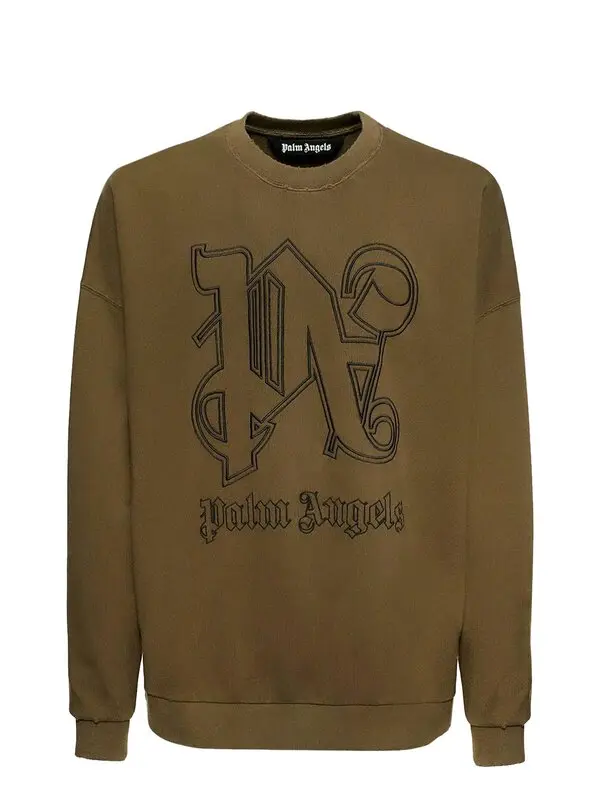 Palm Angels Organic Cotton Sweatshirt With Embroidered Monogram - Brown