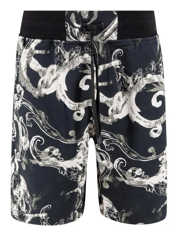 Versace Cotton Bermuda Shorts With Watercolor Baroque Print - Black