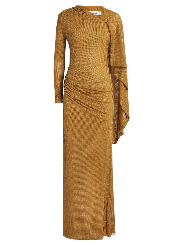 SELF-PORTRAIT Rhinestone Draped Maxi Dress - Gold