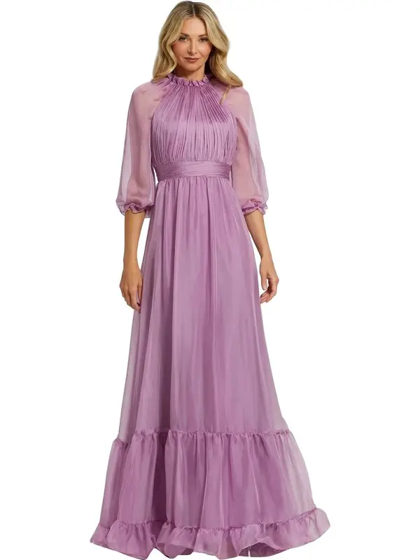 Mac Duggal Chiffon Ruched Illusion Raglan Sleeve Ruffled Gown - Purple