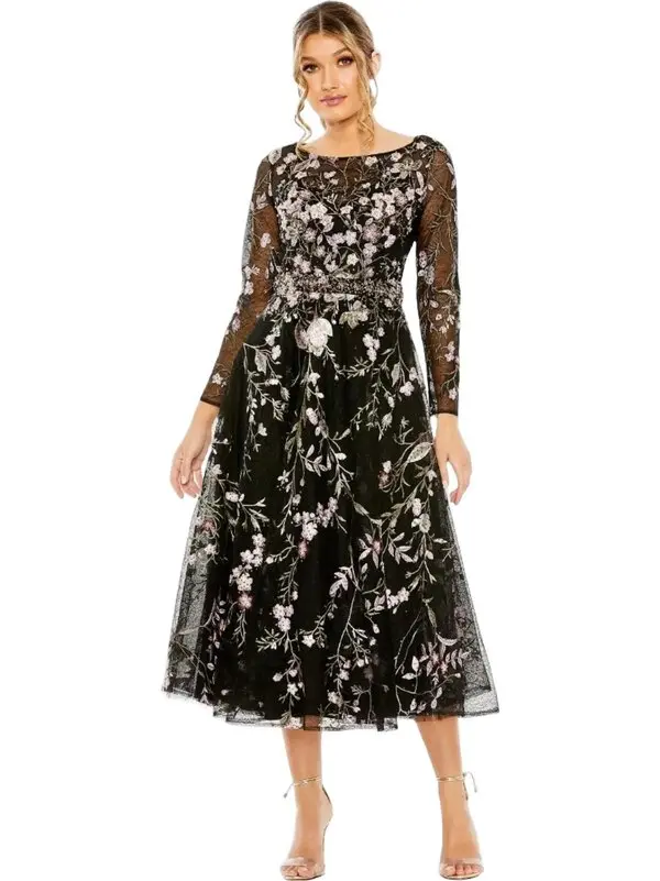 Mac Duggal High-neck Long-sleeve Embroidered Dress - Black