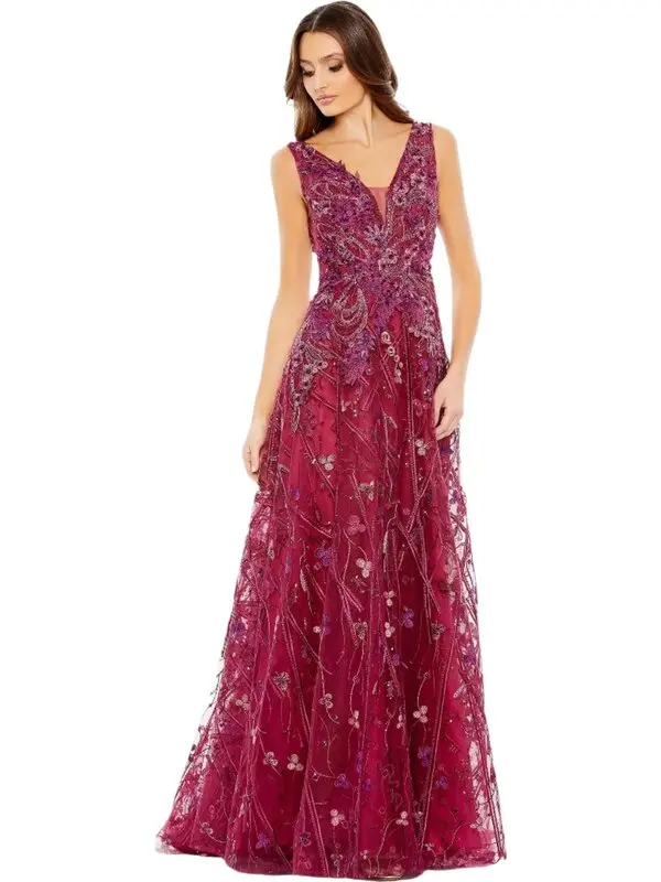 Mac Duggal Embroidered Sleeveless Plunge Neck A-line Gown - Berry