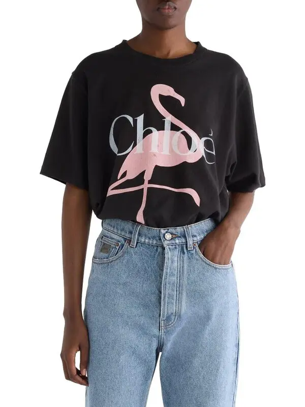 Chloé Flamingo Graphic Organic Cotton T-shirt - Ash Black