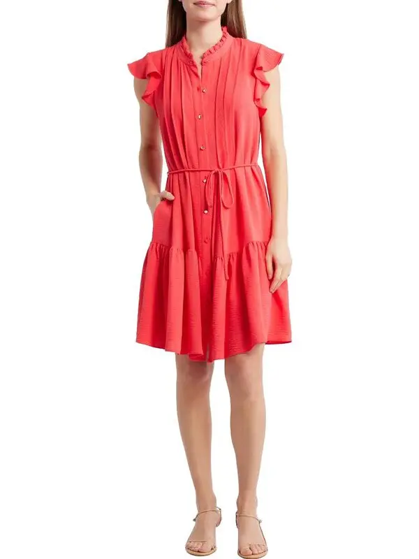 Julia Jordan Flutter-sleeve Shirtdress - Coral