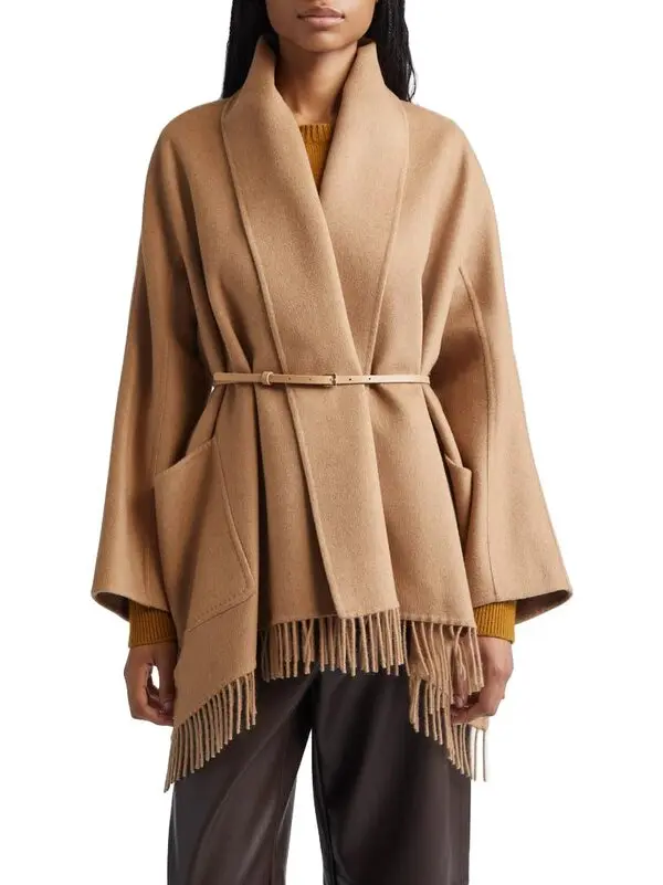 Max Mara Abilita Fringed Belted Hair Cape Jacket - Camel