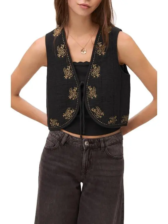 Mango Embroidered Floral Cotton Vest - Black