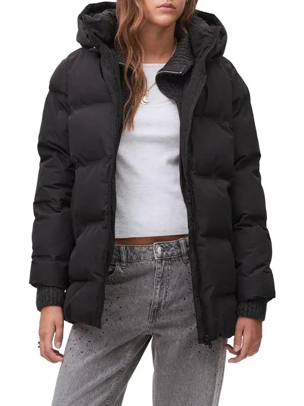 Mango Hooded Puffer Coat - Black