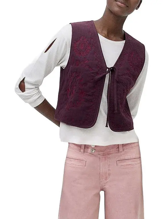 Mango Floral Embroidered Cotton Vest - Burgundy