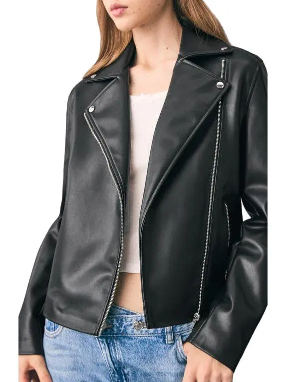 Mango Faux Leather Biker Jacket - Black