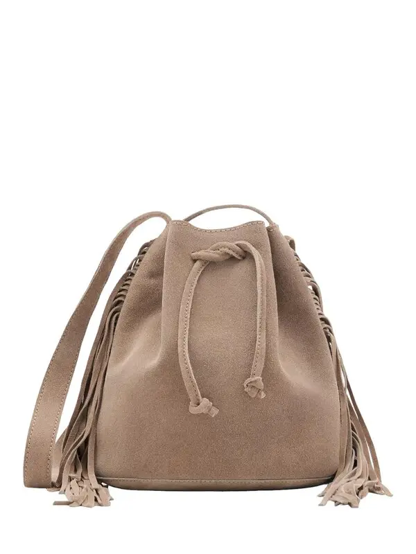 Mango Fringed Suede Bucket Bag - Sand