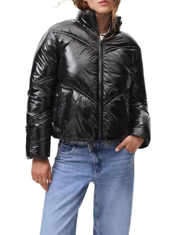 Mango Shiny Chevron Quilted Puffer Coat - Black